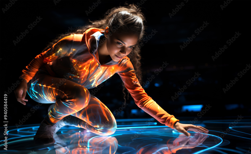Young brown skin Woman crouching and focused for action with futuristic ...