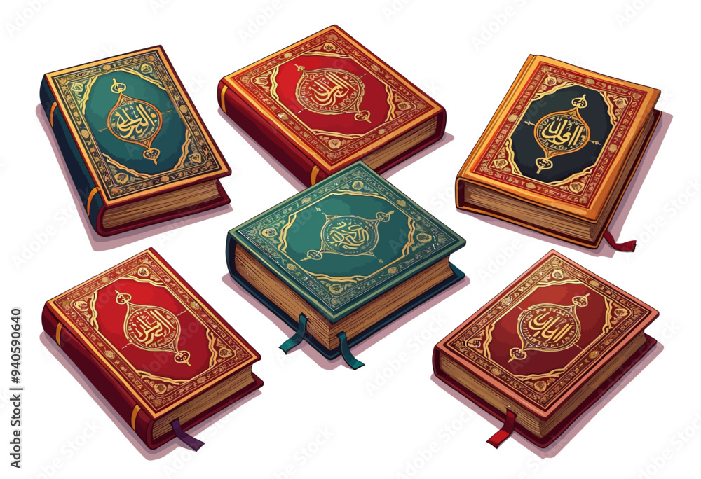 Islamic Quranic Books with Arabic Calligraphy and Illuminated Designs ...