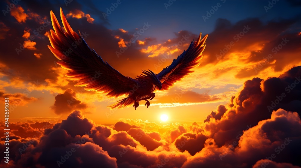 Graceful Winged Pegasus Soaring Across Golden Sunrise Sky Mythical ...