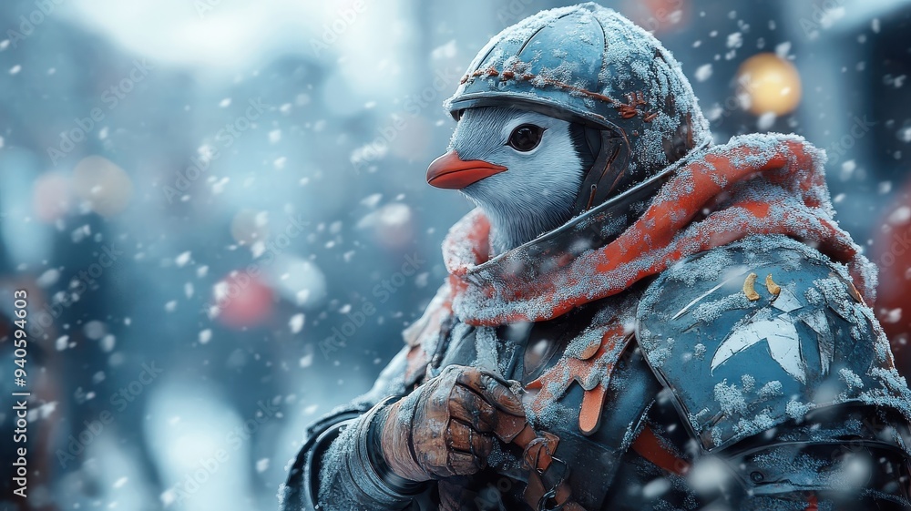 Knight penguin in medieval armor on a whimsical adventure in a snowy ...