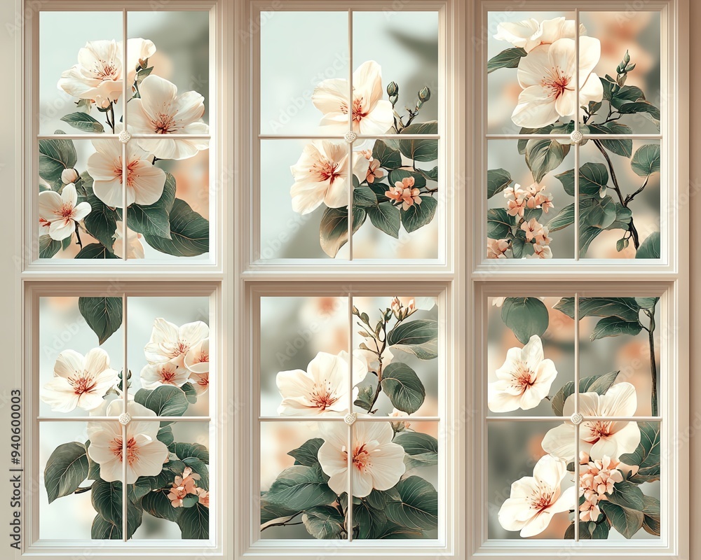 Six vertical windows, each with vector illustrations of Toronto flowers ...