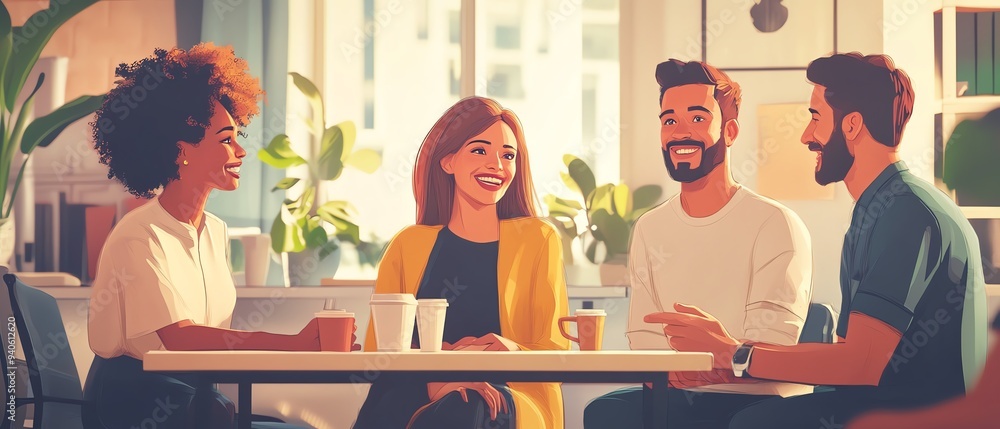 Diverse group of four cheerful colleagues engaging in animated ...