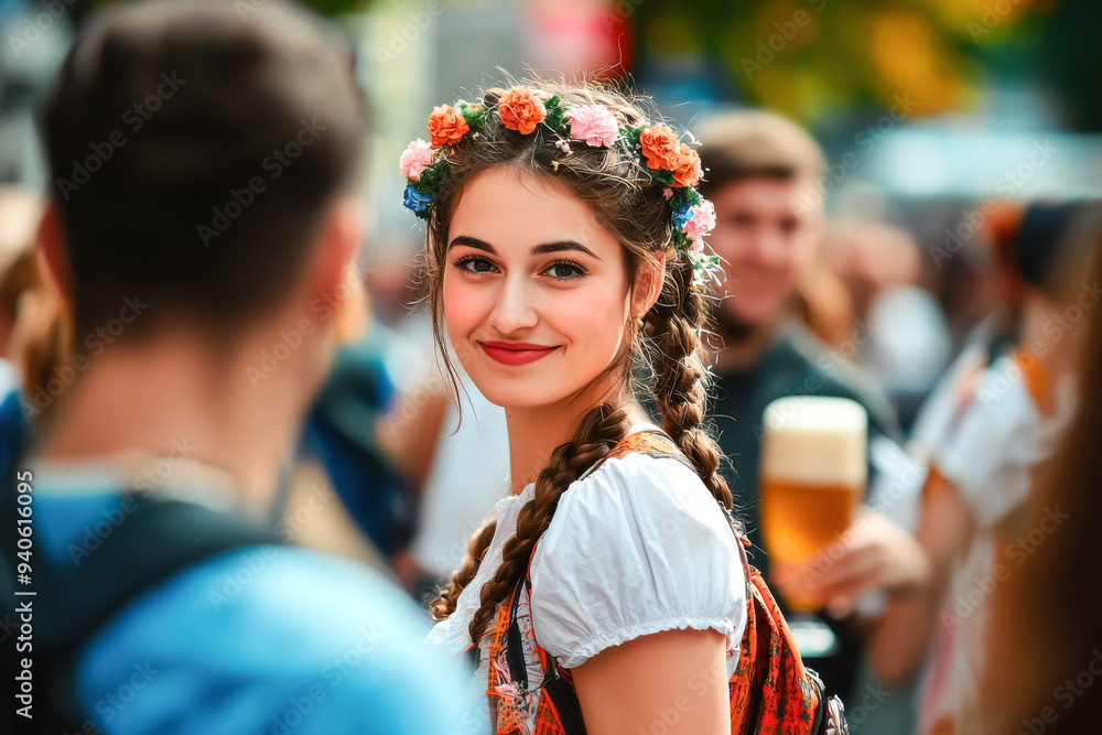 Young Woman in Traditional Dress at Oktoberfest. A young woman with ...