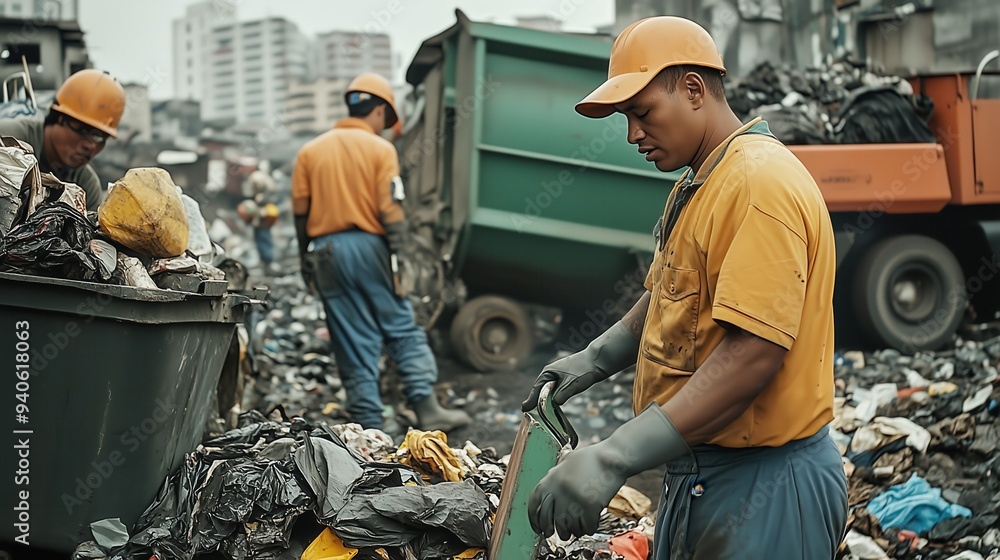 Sanitation Workers Sorting Garbage at Dump. Sanitation workers wearing ...
