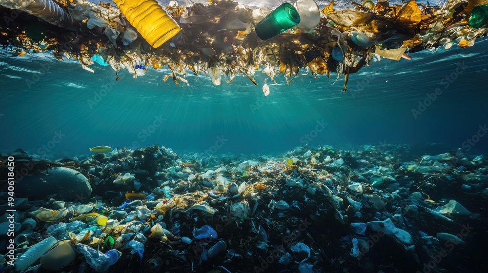 Underwater View of Plastic Garbage in Ocean. Underwater perspective of floating plastic garbage ...