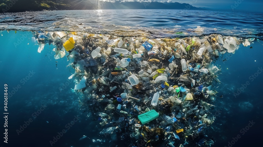 Marine Plastic Waste Floating Beneath Surface. View of various types of ...