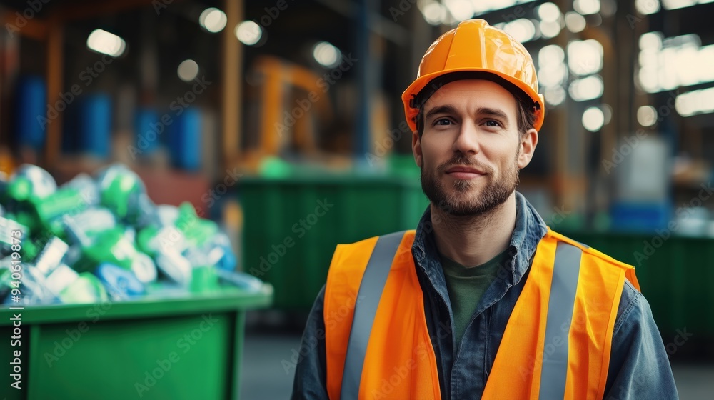 Worker with Hard Hat in Recycling Warehouse. Male recycling worker in ...