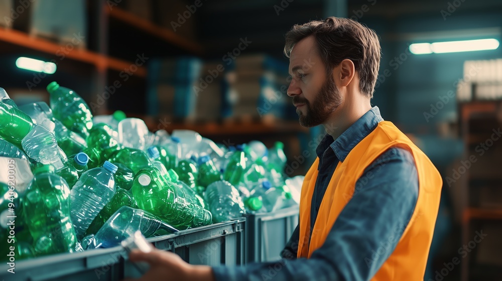 Recycling Worker Sorting Plastic Bottles in Facility. Worker in an ...