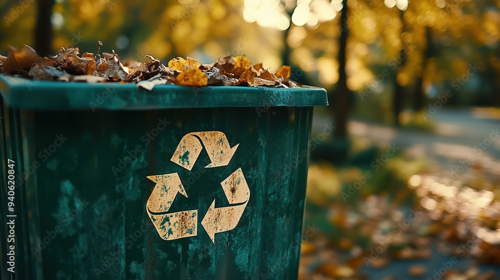 Green Recycling Bin Filled with Autumn Leaves. Green recycling bin with a recycling symbol ...