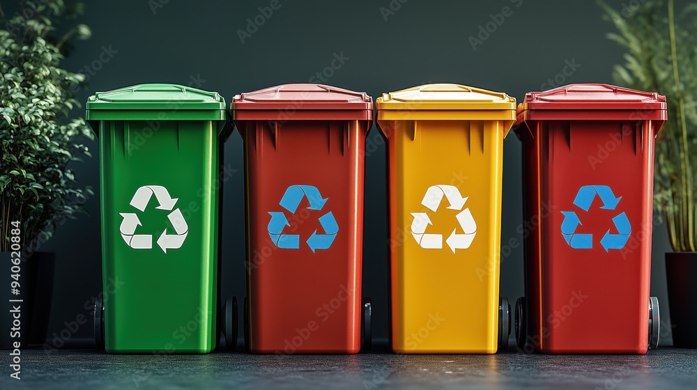 Four Colored Recycling Bins for Waste Sorting. Four recycling bins in ...