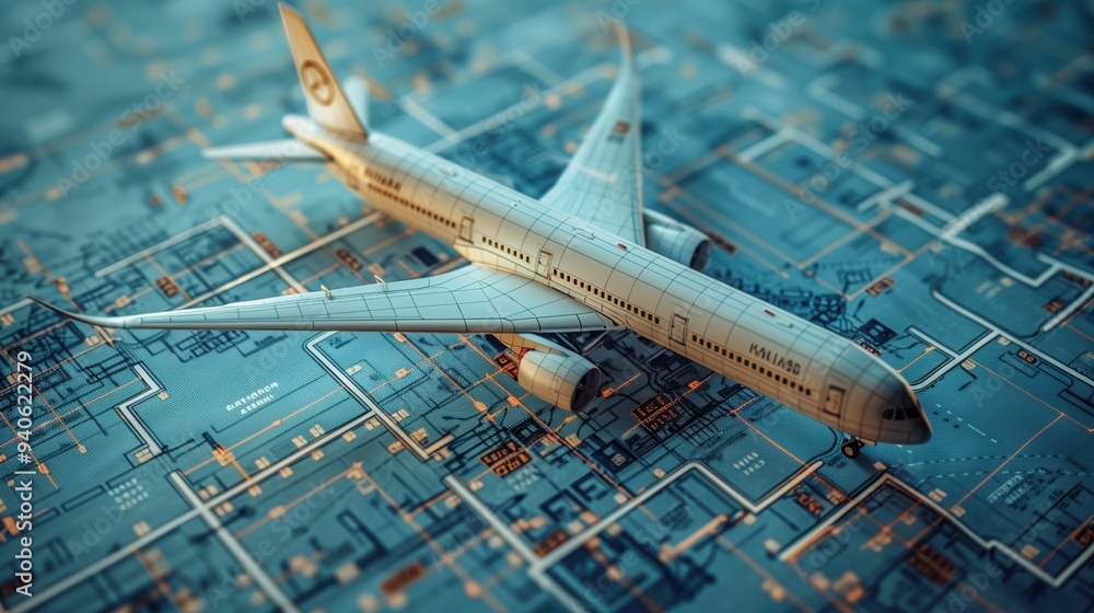 Aircraft on Digital Blueprint Grid. Conceptual aircraft model is ...