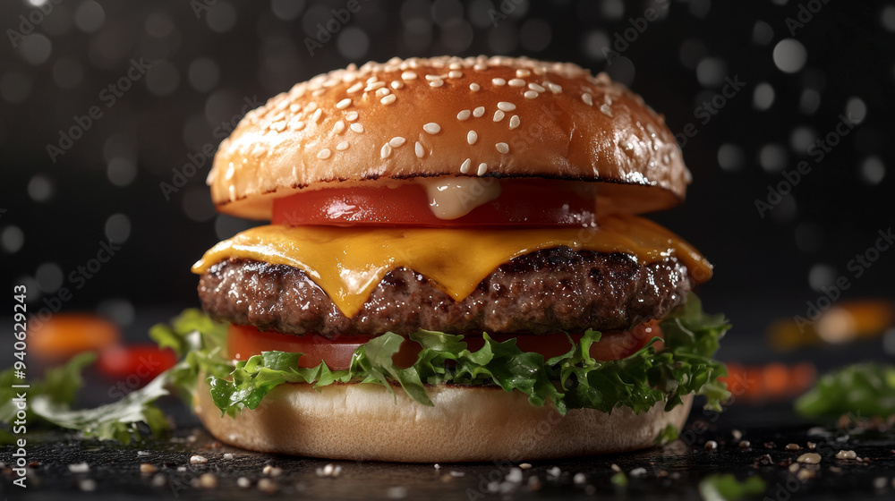 A signature burger isolated on a transparent background. The burger ...