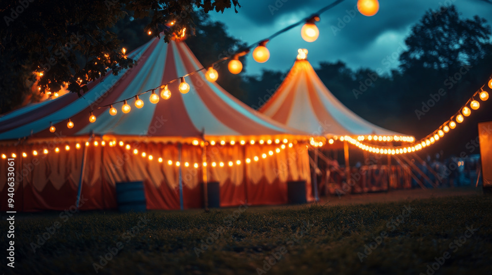 A small circus tent set against the backdrop of an evening sky, with a ...