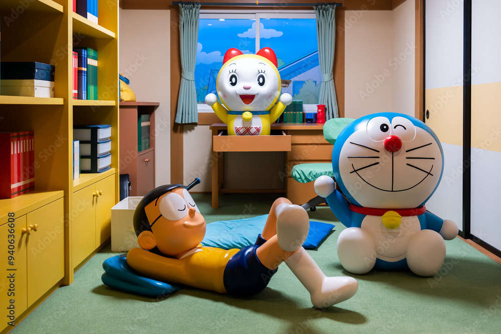 JAPAN - JUL 15, 2024: Doraemon themed room featuring life sized popular ...