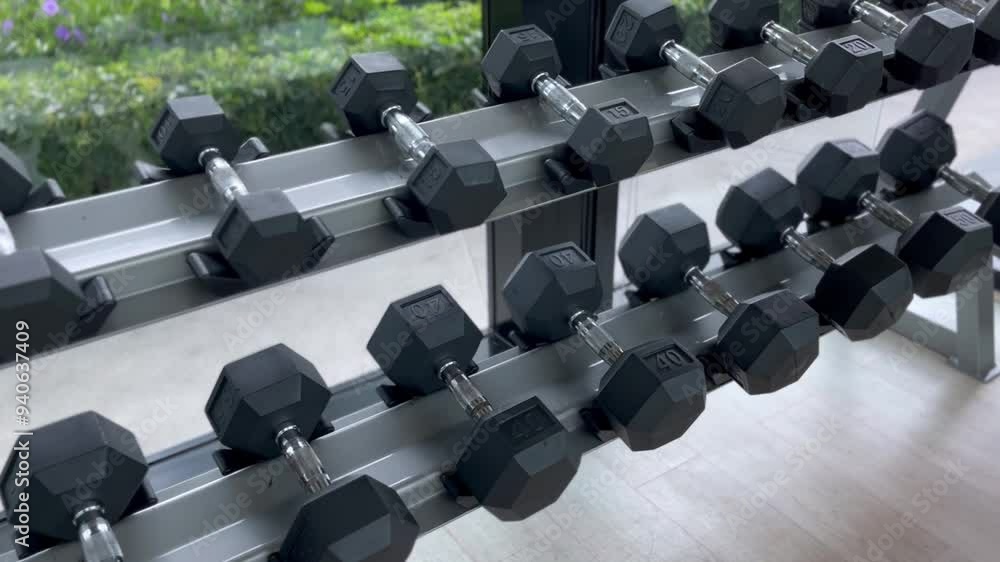 modern gym, The dumbbells are placed in a linear fashion, creating a ...