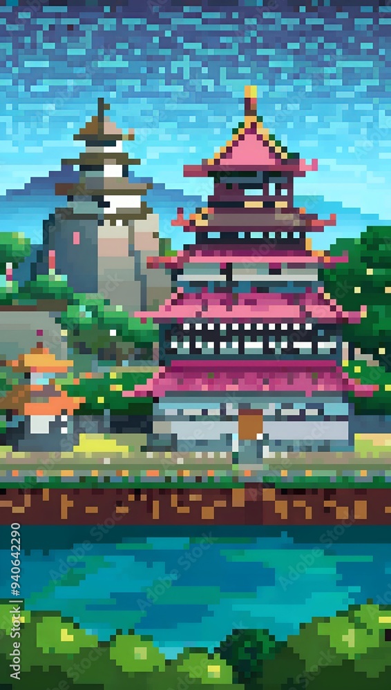 Japanese feudal castle pixel art background. 8-bit game assets Stock ...