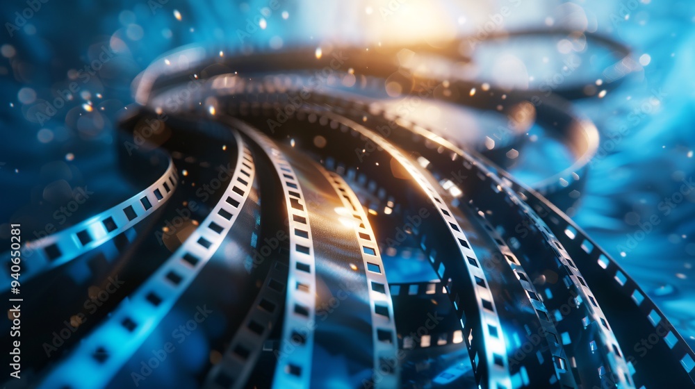 5. Dynamic movie film reel, silver metallic finish, curling film strip ...