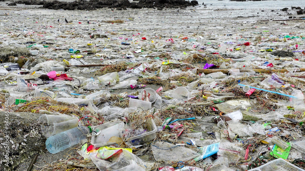 Trash on the Beach, the beach is filled with trash, such as water ...