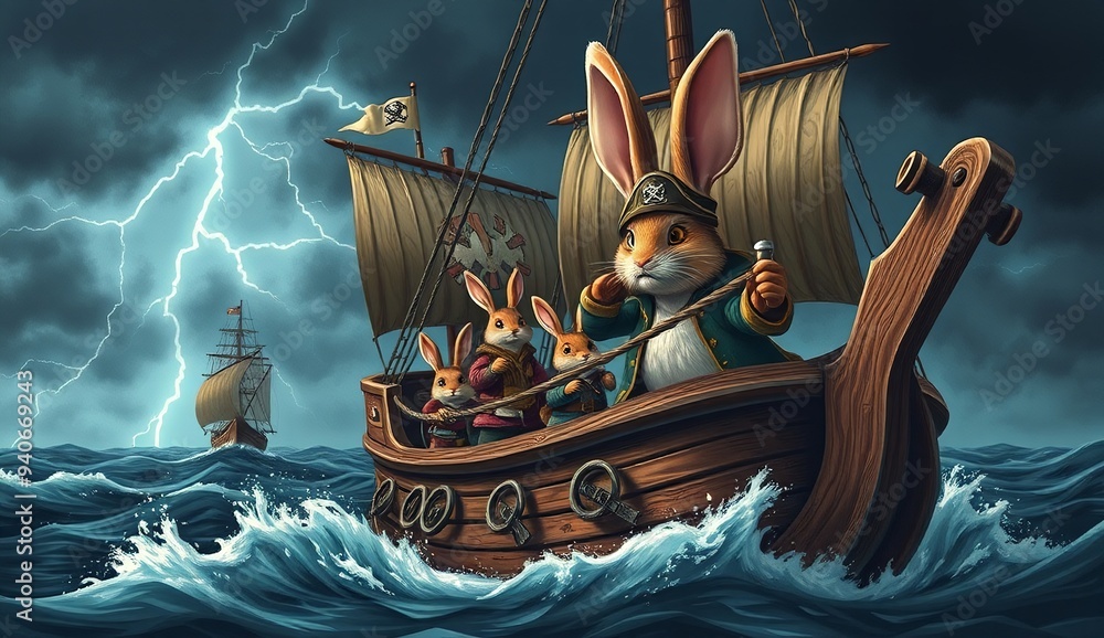Captain Rabbit commands his old ship through a stormy sea, gripping the ...