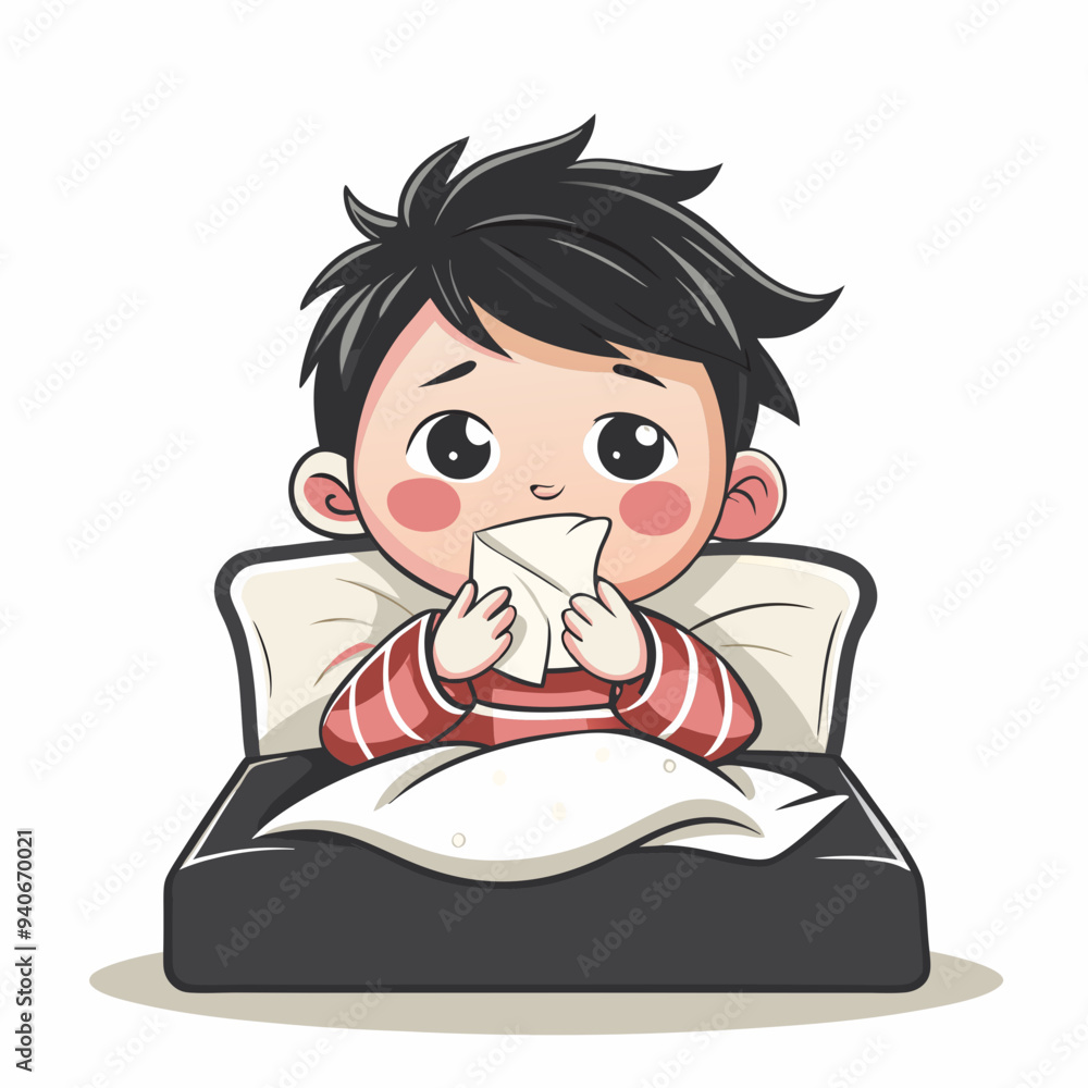 Cartoon illustration of a sick little boy having a cold lying in bed ...