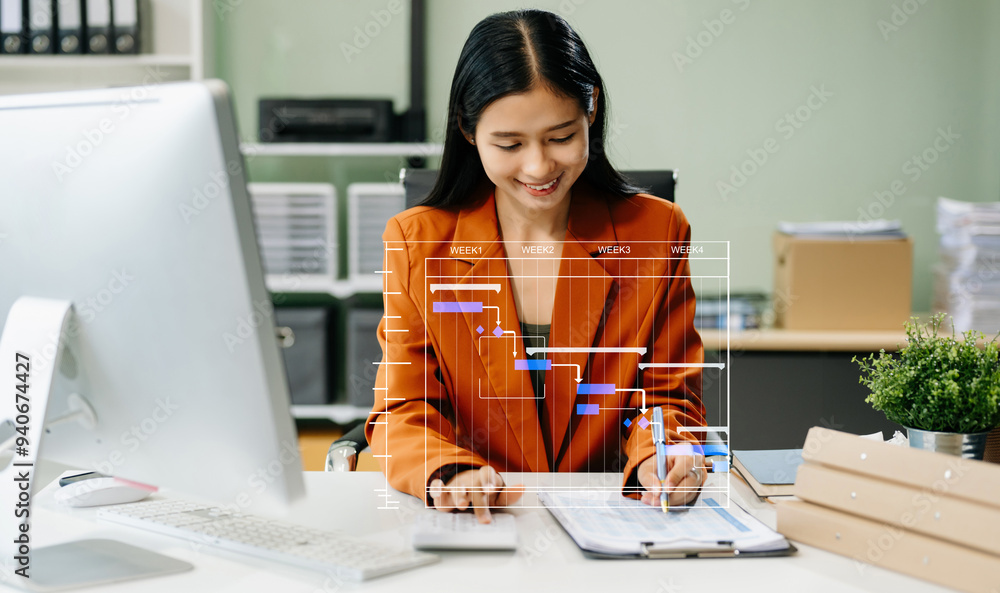 Project manager working and update tasks with milestones progress ...