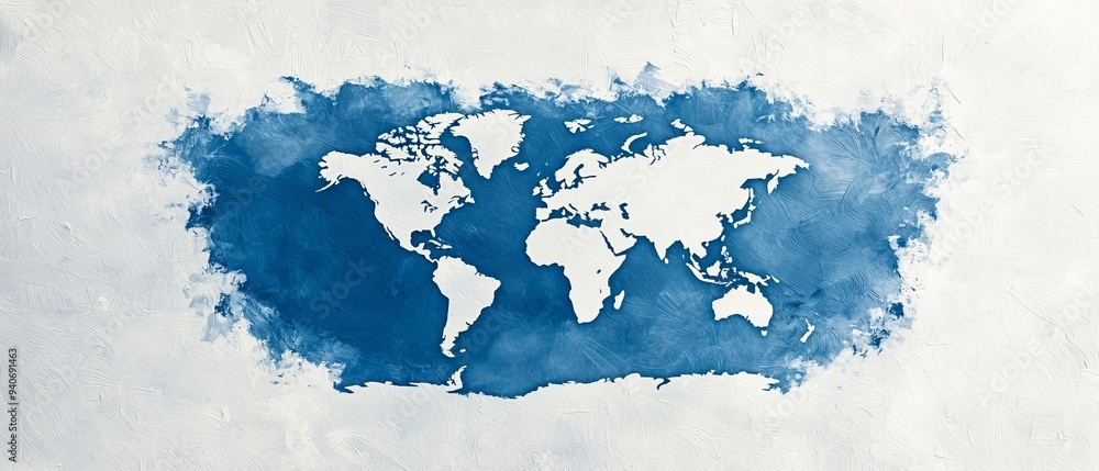 A blue and white world map on a white background with a blue dot at its ...