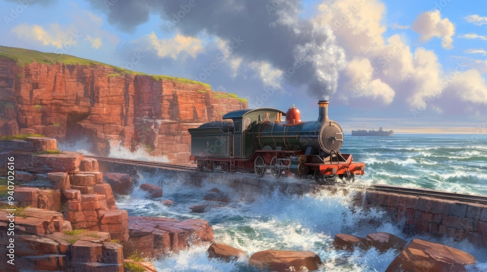 A steam train travels over a bridge amidst crashing waves, with cliffs ...