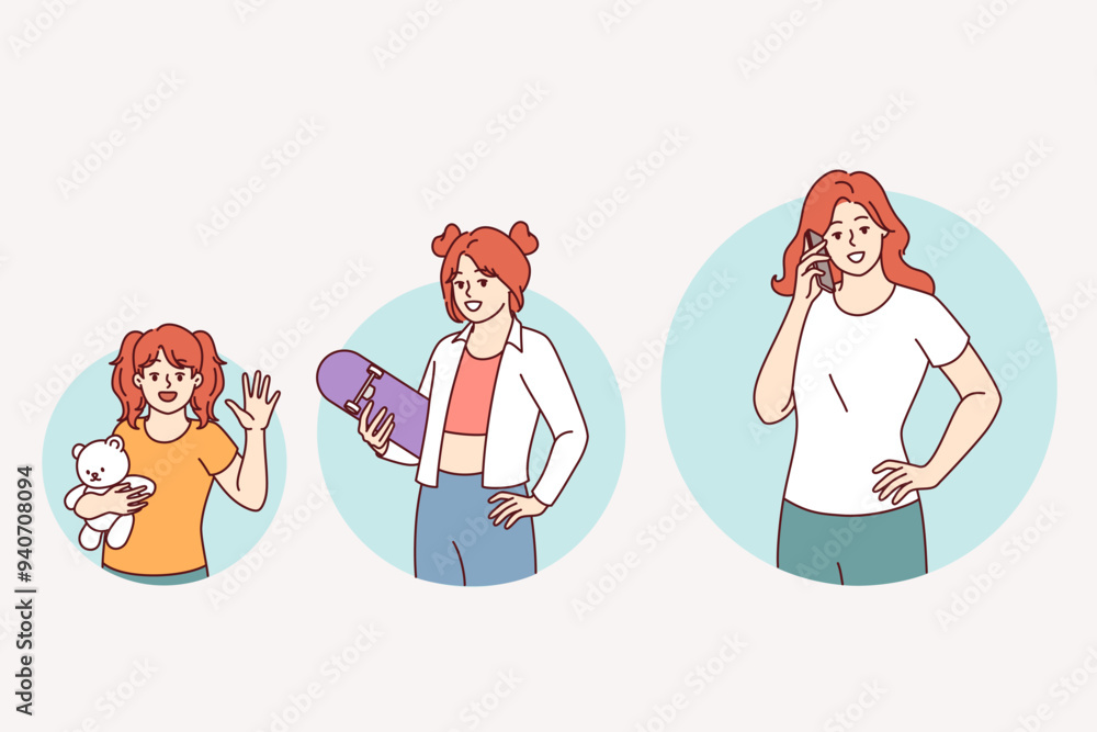 Female life cycle with little girl growing into teenager and adult ...