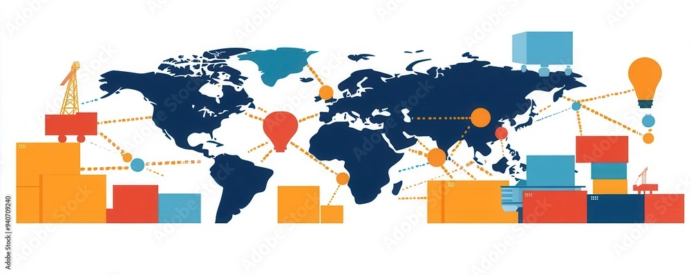 Illustration of a world map with shipping logistics, cargo, and ...