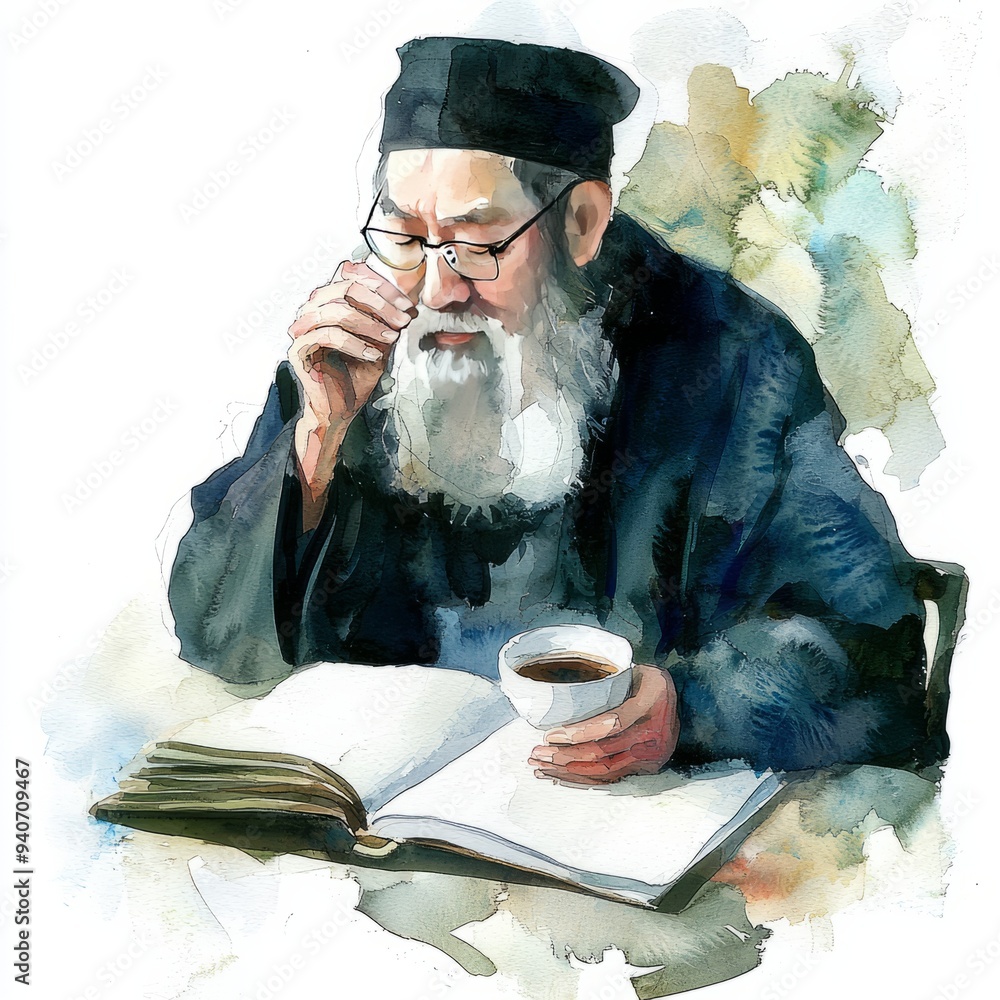 watercolor painting of a scholar at a desk with an open book and a cup ...