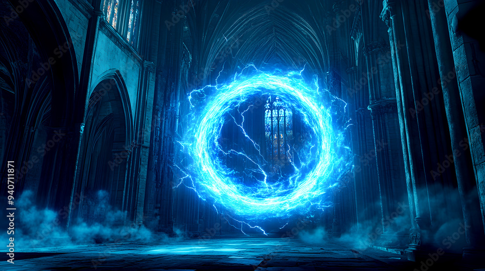 Photo & Art Print Gothic Cathedral A glowing electric blue lightning ...