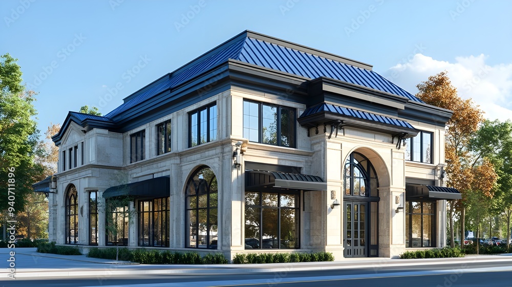 three story dime savings bank with blue standing seam roof, light brown ...