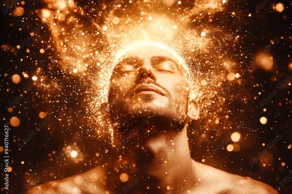 A powerful image of a man with golden particles surrounding his head ...
