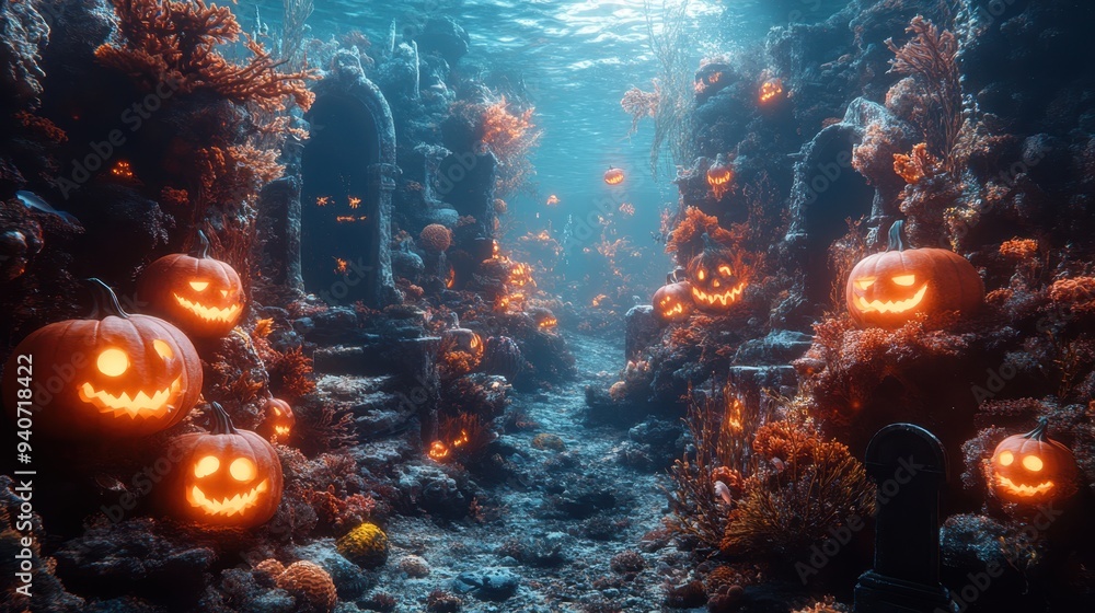 Eerie Underwater Halloween Scene: Haunted Coral Reef with Skeletal ...