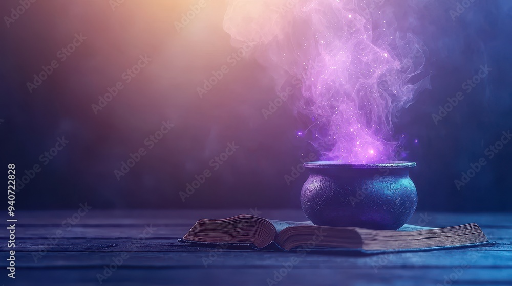 Witch's cauldron with an ancient spellbook and purple magical smoke ...
