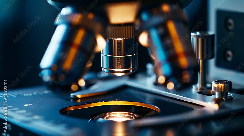 Macro photograph of the intricate details of a microscope's metal lens ...