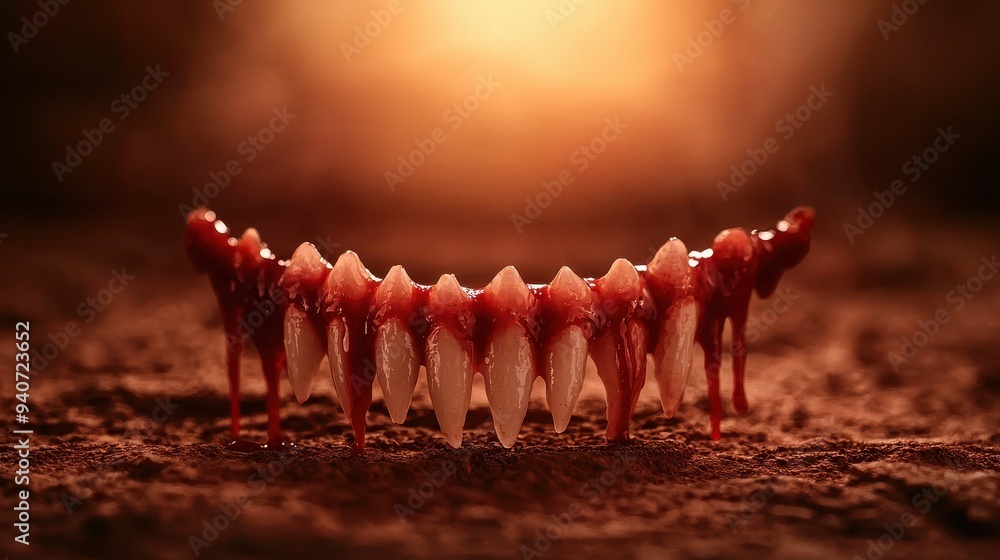 Bloody vampire teeth lying on the ground with a dramatic backlight ...