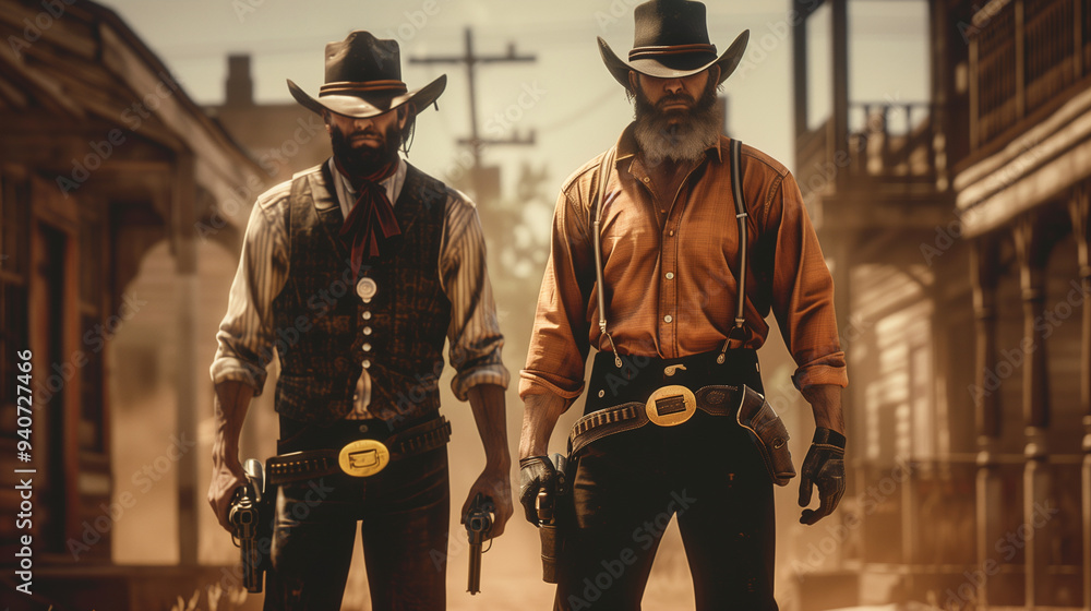 Two rugged cowboys standing back-to-back in a dusty Old West town ...