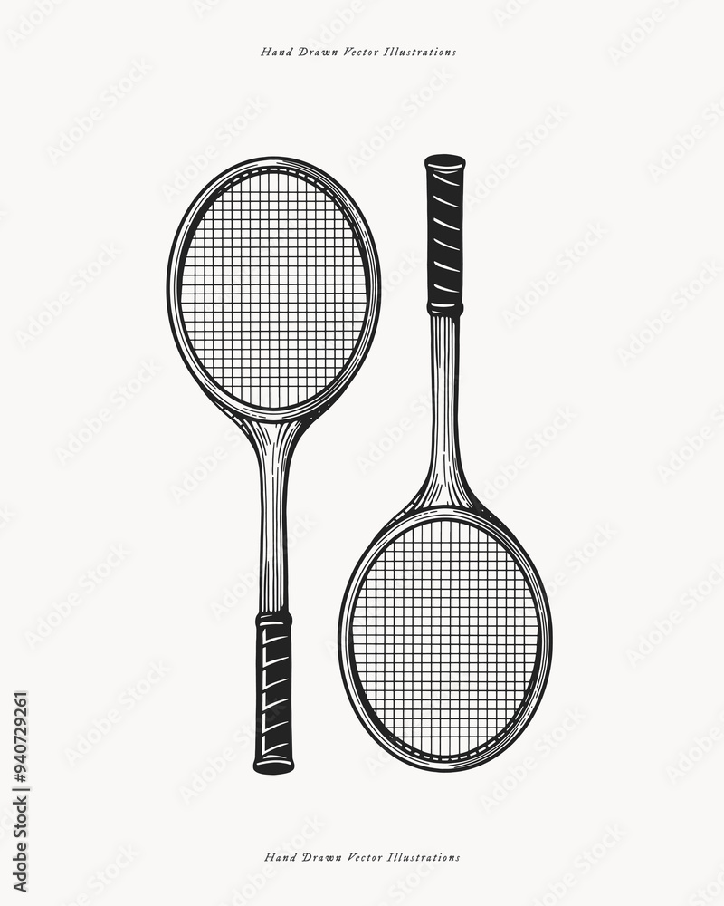 Hand drawn illustration of two vintage tennis rackets in etching style ...
