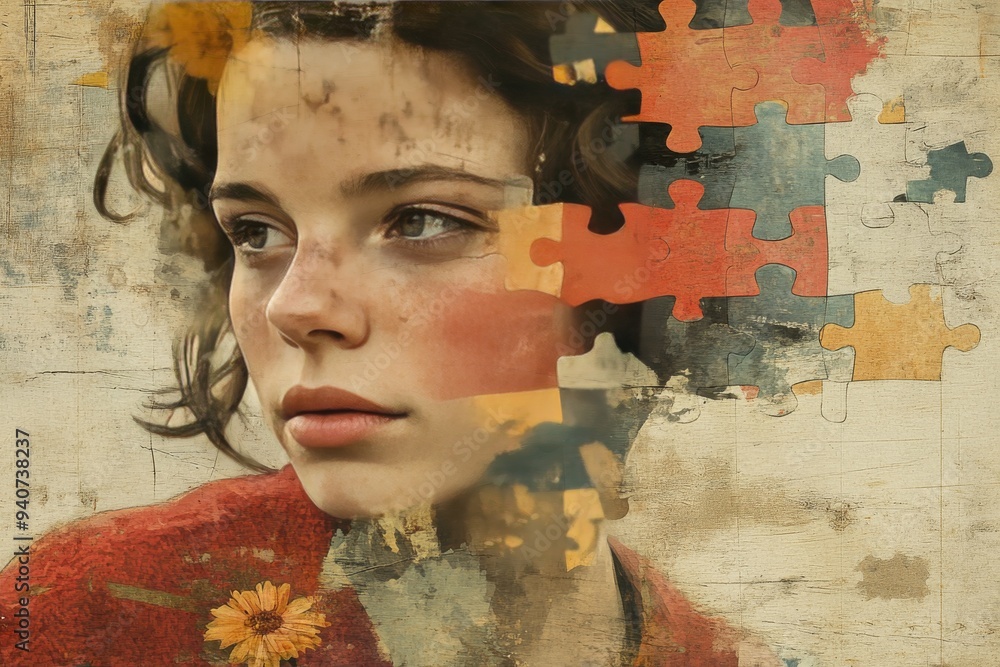 Surreal portrait of a woman with puzzle pieces merging into her face ...