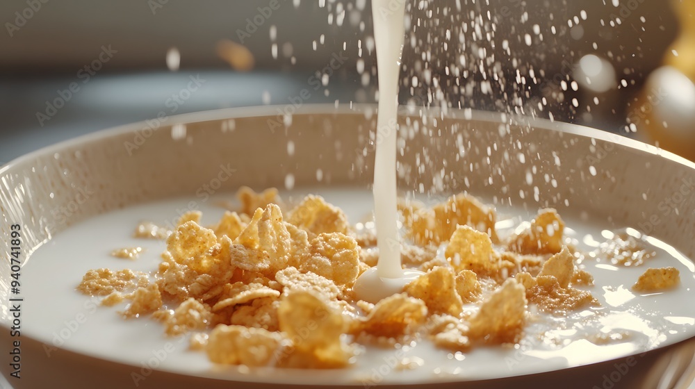 Cornflakes cereal bowl with milk being poured over them with a splash ...