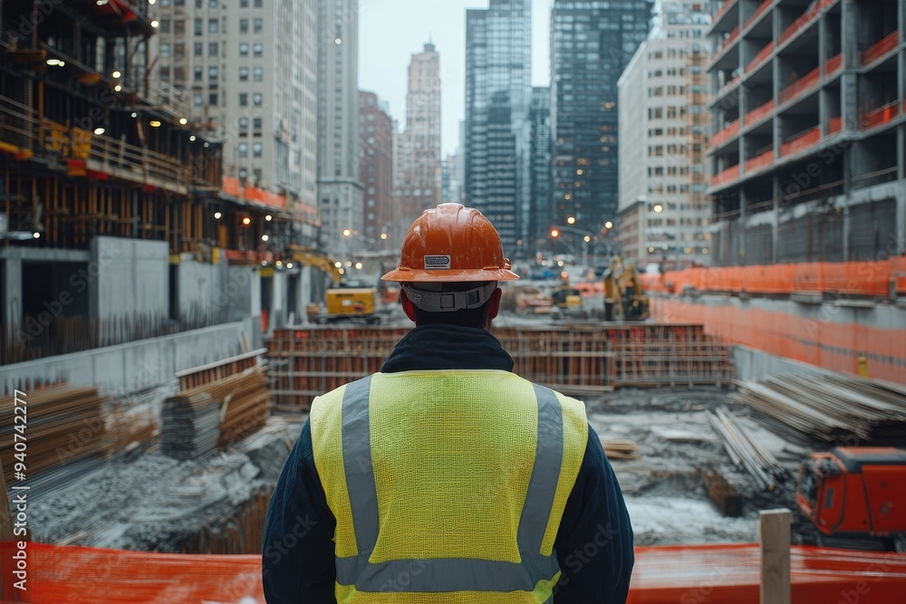A construction worker stands in front of a city construction site. The ...