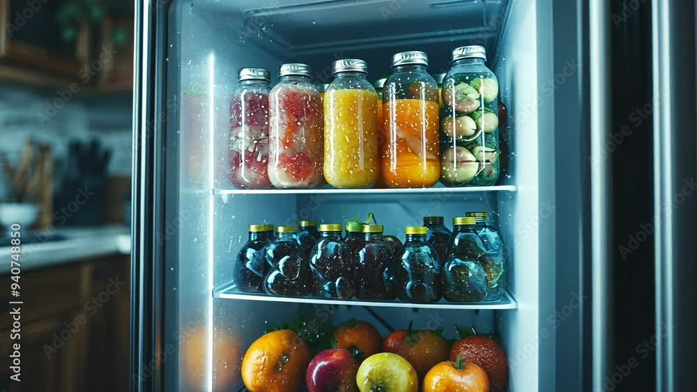 Discover the vibrant assortment of fruits and drinks neatly arranged in ...