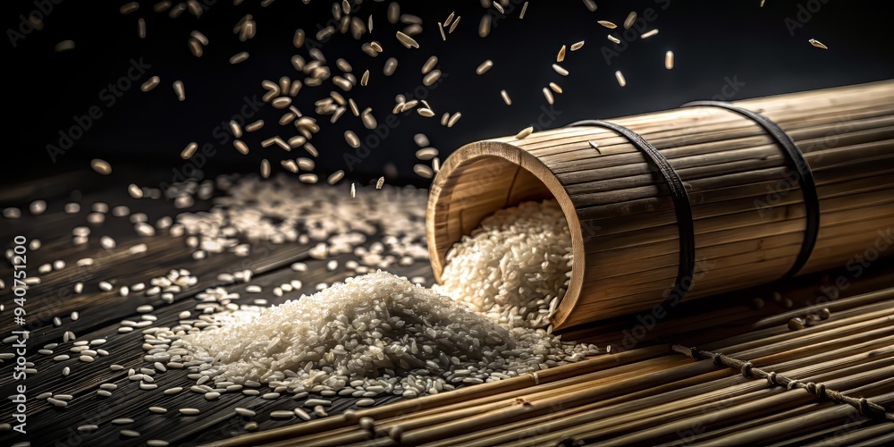 Moody monochrome close-up of sticky rice grains bursting out of bamboo ...