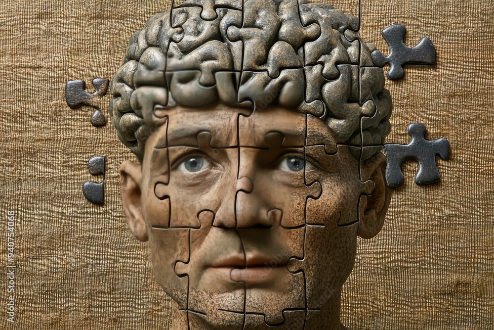 Surreal digital sculpture of an elderly man with puzzle pieces forming ...
