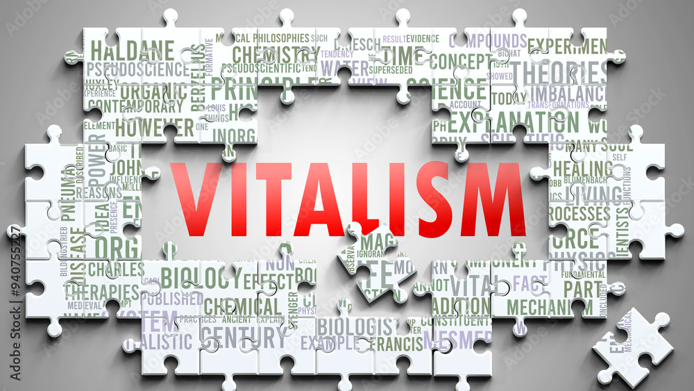 Vitalism as a complex subject, related to important topics. Pictured as a puzzle and a word ...