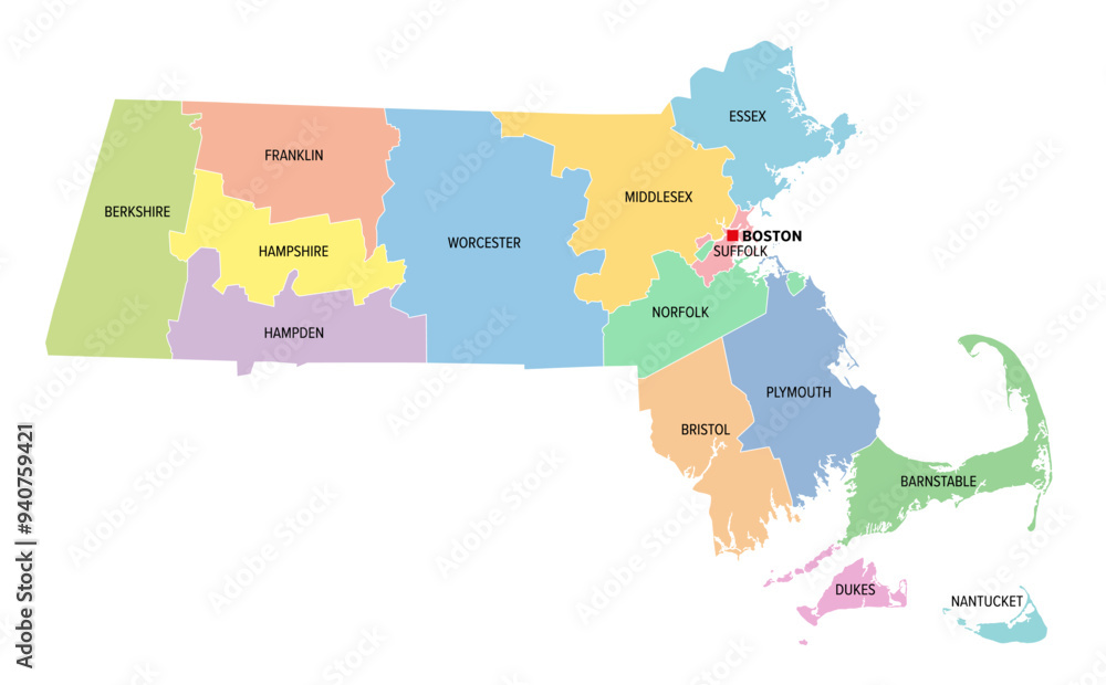 Massachusetts, U.S. state, multi colored political map with borders ...
