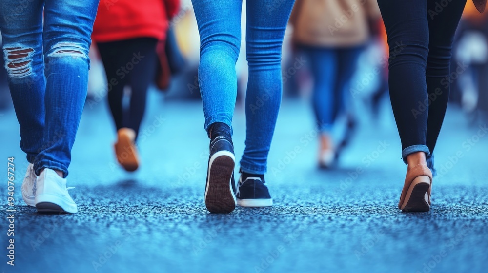 Lower legs and feet of people walking on a street, blurred and out of ...