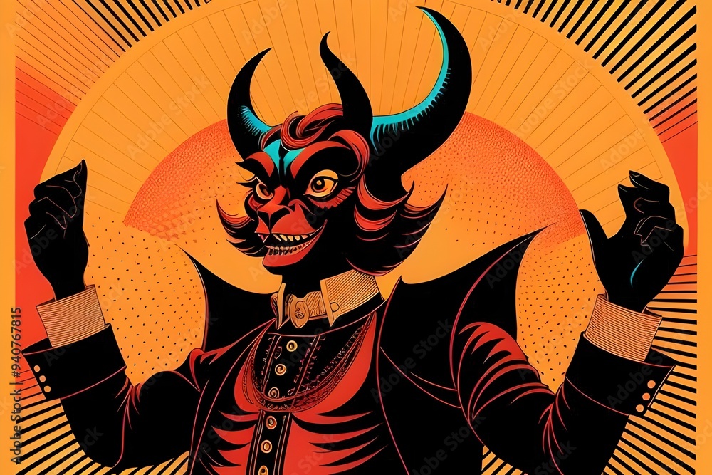 vintage gig poster featuring a colorful psychedelic devil. satan ...