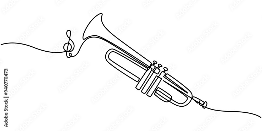 Continuous one line drawing of trumpet music instrument, Drawing of a ...